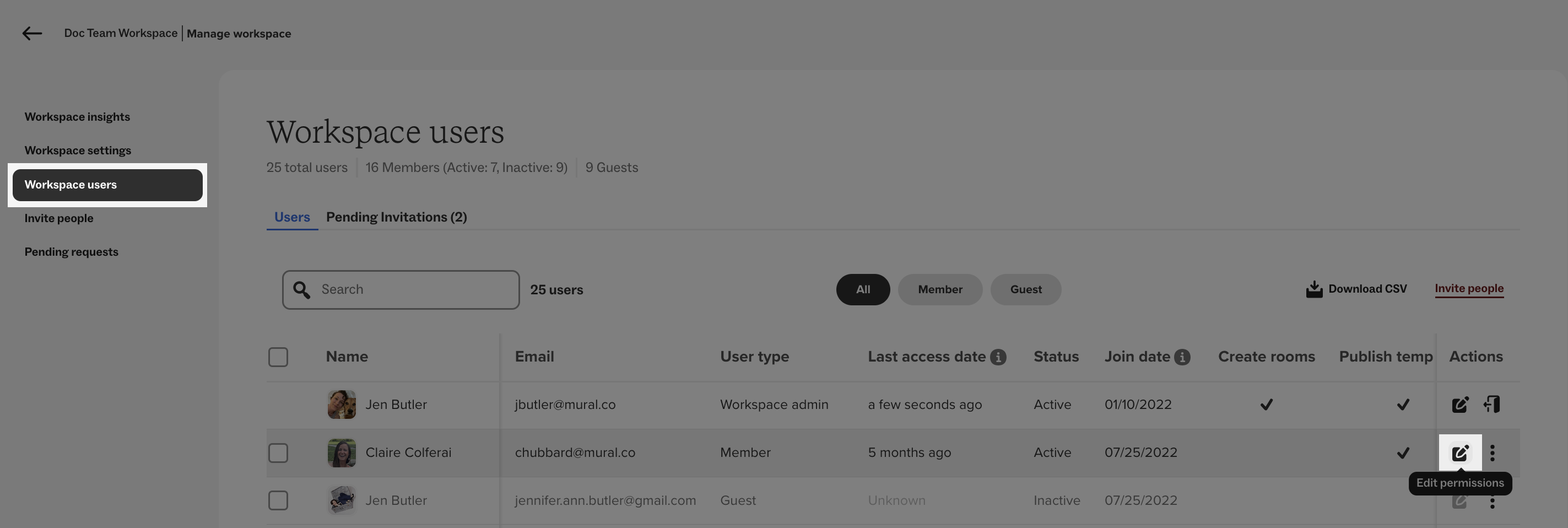 Workspace user permissions