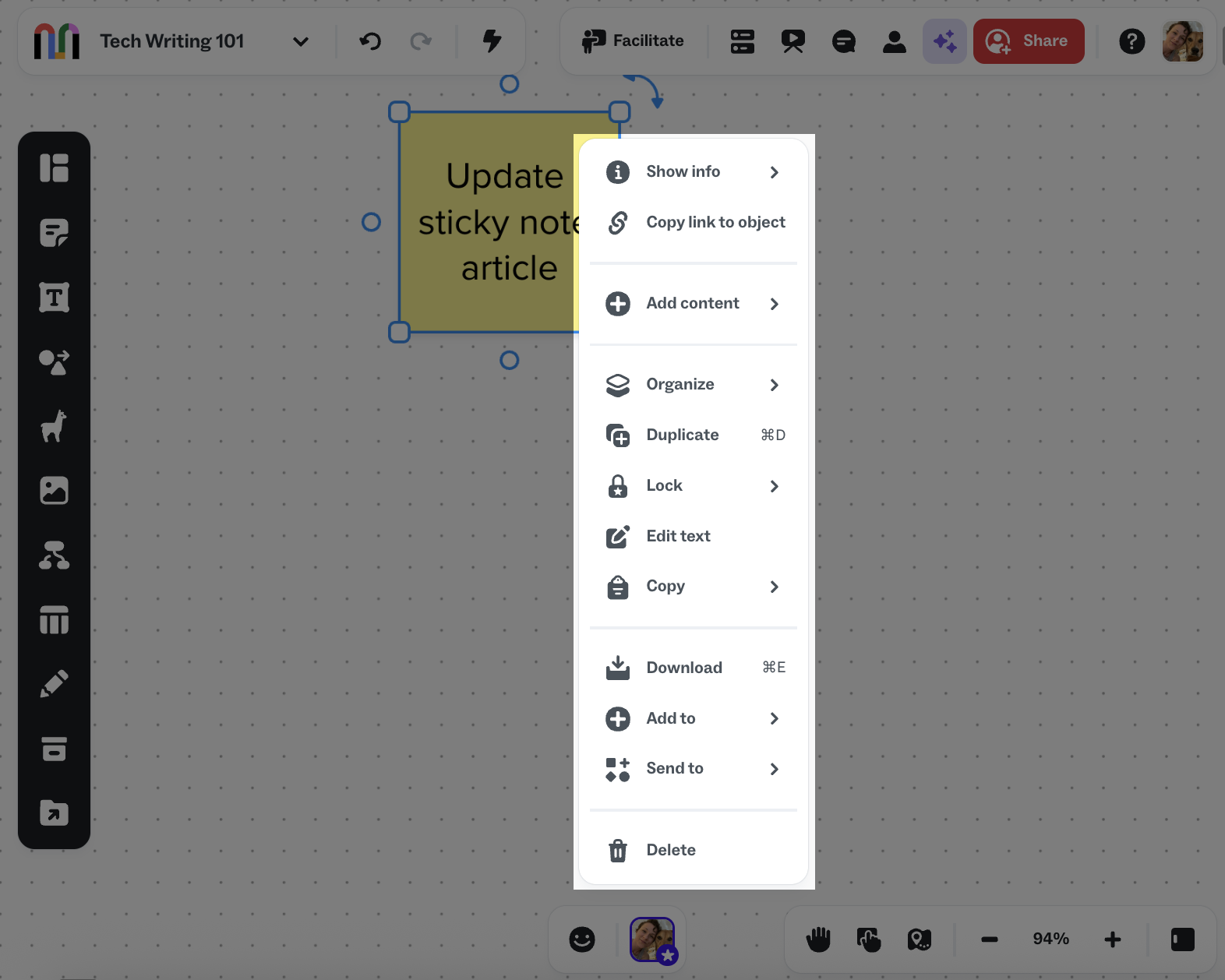 Sticky note option menus